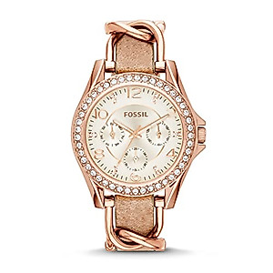 Fossil Women's Riley Quartz Stainless Steel and Leather Multifunction Watch, Color: Rose Gold, Sand (Model: ES3466)