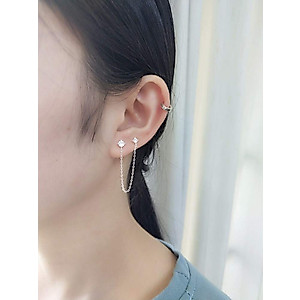 4 Prong CZ Round Stud With Chain Cuff S925 Sterling Silver Earrings for Women Cartilage Double Piercing Holes Fashion Chic Minimalist Climber Crawler Threader Tiny Small Studs Hypoallergenic Gifts (silver)