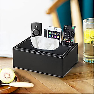 Multi-Functional Tissue Box Cover Rectangle, Leather Decorative Napkin Dispenser Organizer Caddy with 3 TV Remote Control Holder Compartments Bathroom, Modern Office Desk Decor and Accessories, Black