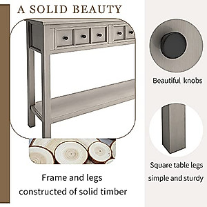P PURLOVE Rustic Entryway Console Table, Sofa Tables Narrow Long 60 Inch with Two Different Size Drawers and 1 Shelf, Wood 2 Tiers Console Sofa Table, for Living Room Hallway Bedroom, Gray Wash