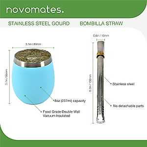 Novomates Yerba Mate Kit Including Double Wall Stainless Steel Mate Tea Cup and Mate Straw – Yerba Mate Cup and Bombilla Mate - Yerba Mate Gourd - Bombilla Mate and Mate Tea Cup 8oz (237ml) (Teal)