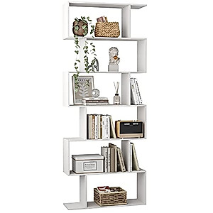 HOMEFORT Wooden Geometric Bookshelf,6-Tier S-Shaped Bookcase,6 Shelf Morden Bookshelves,Unique Freestanding Tall Book Shelf and Book Case for Bedroom and Living Room Home Office,White