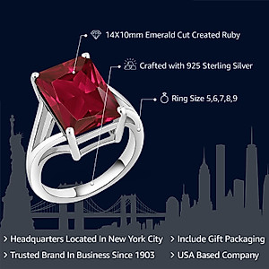 Gem Stone King 925 Sterling Silver Created Ruby Solitaire Ring For Women (8.00 Cttw, Emerald Cut 14X10MM, Available In Size 5, 6, 7, 8, 9)
