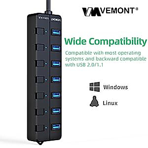 VEMONT USB hub,Computer Peripheral Equipment 7-Port USB 3.0 hub with 5V2A Power Adapter and Individual On/Off Switches,USB Charging hub 4ft/1.2m Long Cable
