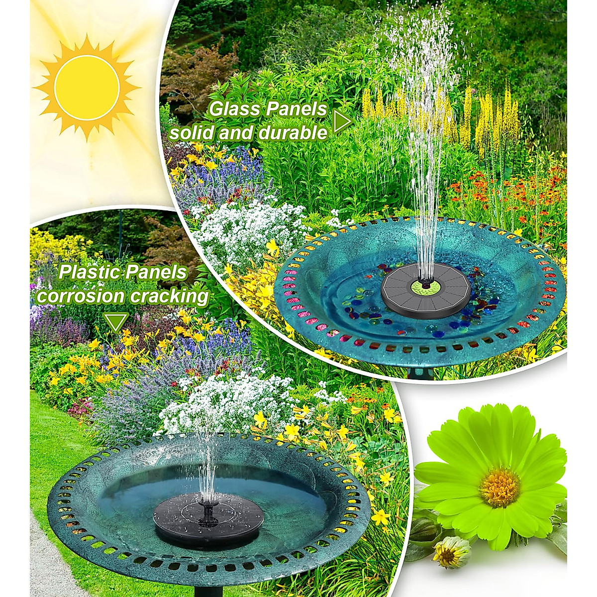 SZMP Solar Fountain 3.5W Bird Bath Fountains with Tender Green Flower 2024 Upgraded 100% Glass Panel, Solar Fountain Pump with 7 Nozzles, Solar Water Fountain for Hummingbirds, Garden, Pond (Black)