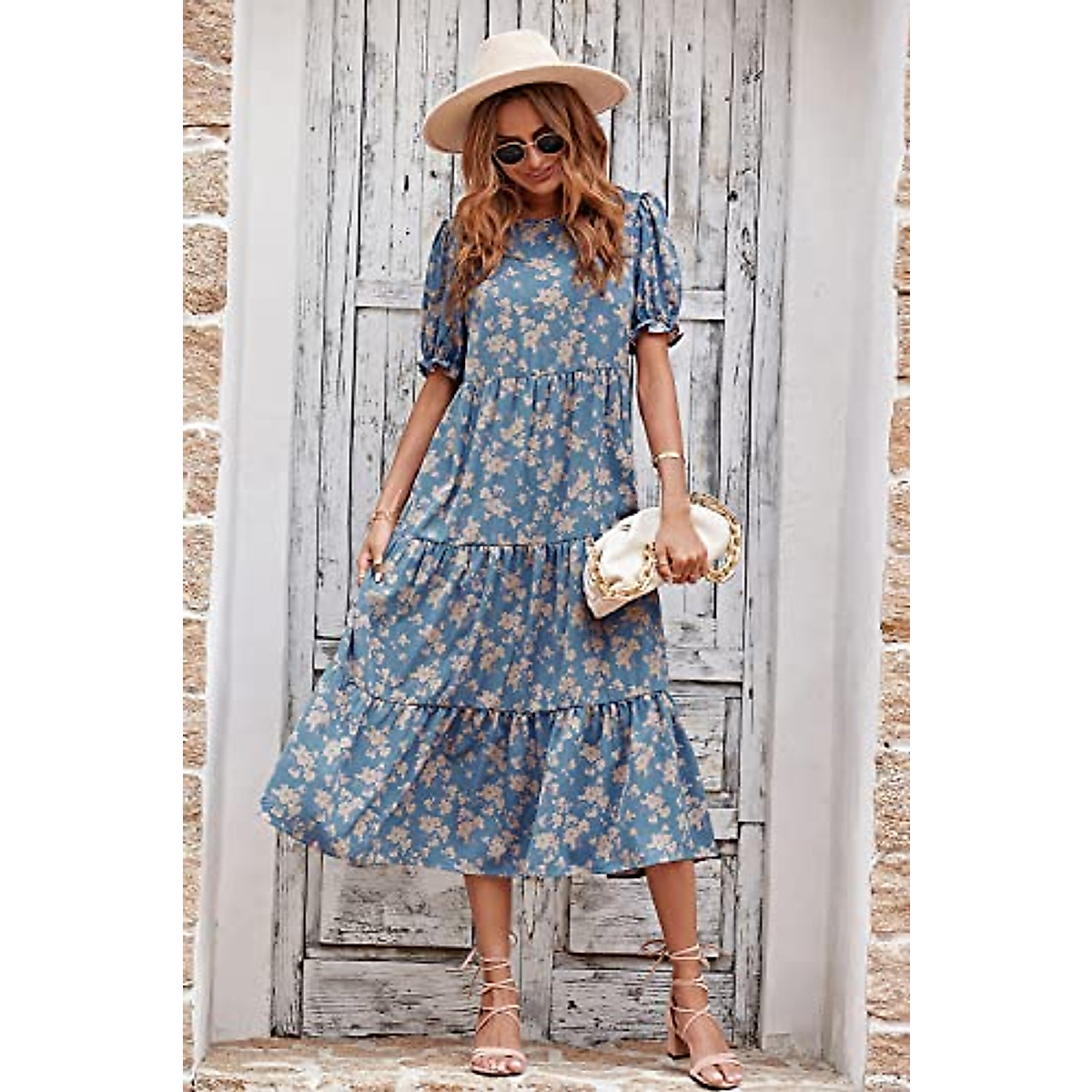 PRETTYGARDEN Women's Summer Casual Boho Dress Floral Print Ruffle Puff Sleeve High Waist Midi Beach Dresses (Blue Apricot,Medium)