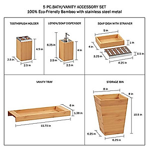 5-Piece Bathroom Decor Set - Bamboo Bathroom Accessories Set with Trash Can, Soap Dish, Soap Dispenser, Toothbrush Holder, and Tray by Lavish Home