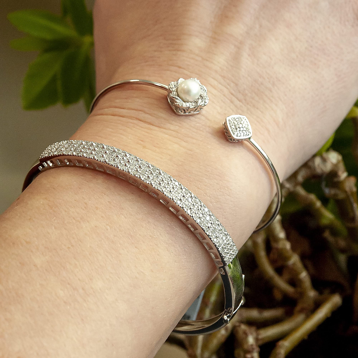 Timeless Love 1/2 CTTW Diamond 7.25" Bangle Bracelet Set in Sterling Silver, Dainty Jewelry for Women, Women’s Fashion Bracelets, Diamond Luxury Bangle for Women