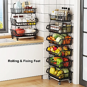 FANWU 5 Tier Fruit Basket Stand, and Vegetable Storage Cart, Wire with Wheels, Metal Stackable Snack Organizer, Potatoes Onions Produce Bins Rack for Kitchen, Pantry (Black-5-Tier Baskets)