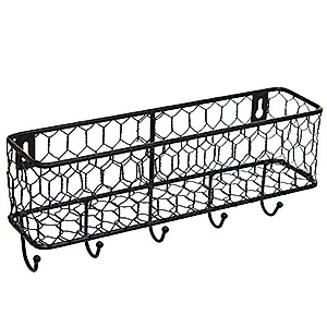 MyGift Wall Mounted Farmhouse Matte Black Chicken Wire Metal Entryway Mail Holder Letter Organizer Storage Basket with 5 Key Hooks