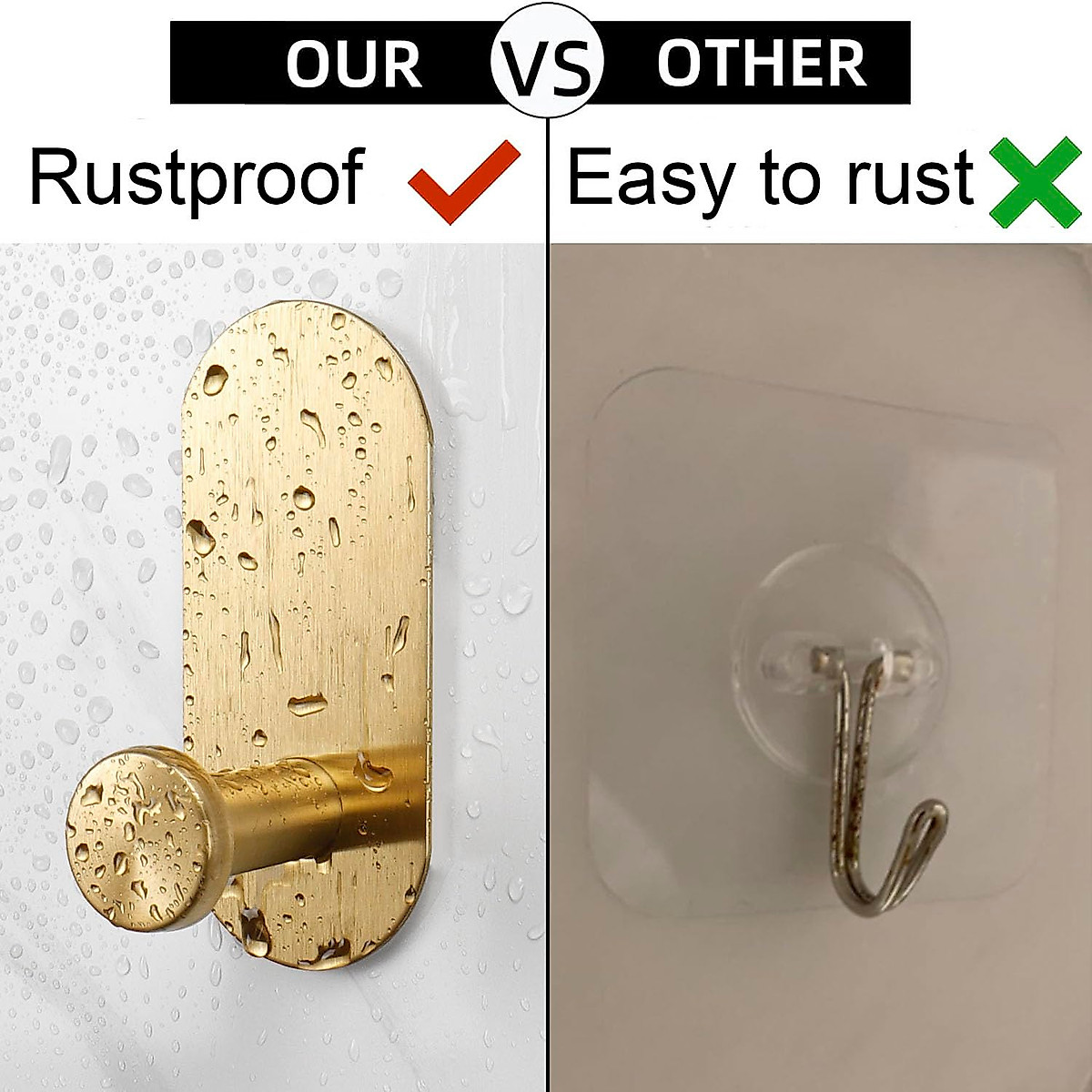 TocTen Adhesive Hook - Heavy Duty Sticky Towel/Robe Hooks, Waterproof Stainless Steel Shower Hook, No Drill Stick on Wall Coat/Clothes Hooks for Bathroom, Kitchen, and Offices (Brushed Gold, 3 Pack)