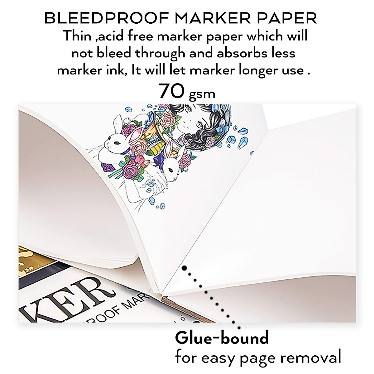 Bianyo XL Bleedproof Marker Paper Pad, A3(11.69"X16.54"), 50 Sheets, 18 LB / 70 GSM, Glue-Bound, 100% Cotton, White, Ideal for Use with Markers and Ink Mediums