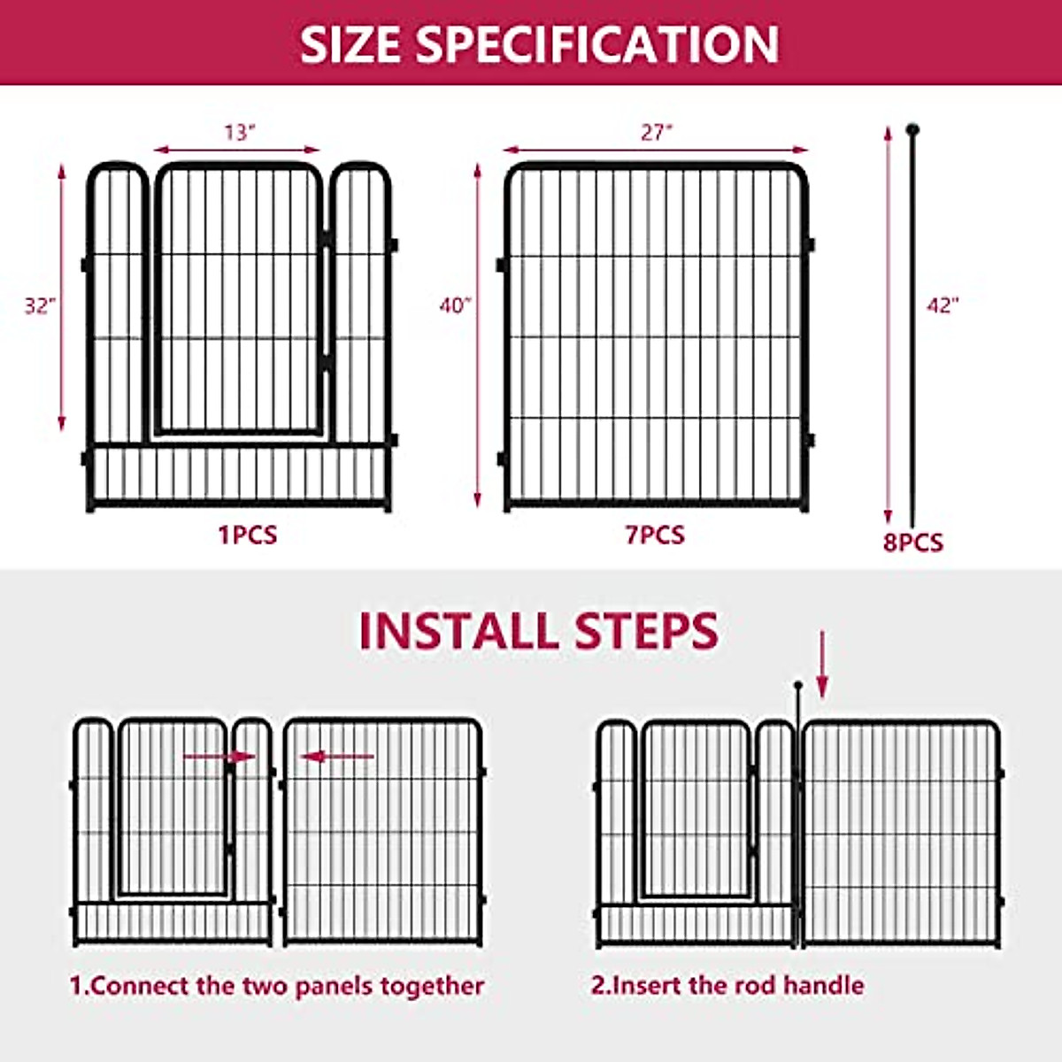 Jhsomdr 40" Height Dog Playpen 8 Panels Heavy Duty Indoor Outdoor Exercise Fence,Foldable Portable Pet Puppy Pen with Lockable Doors for Large Medium Small Dogs