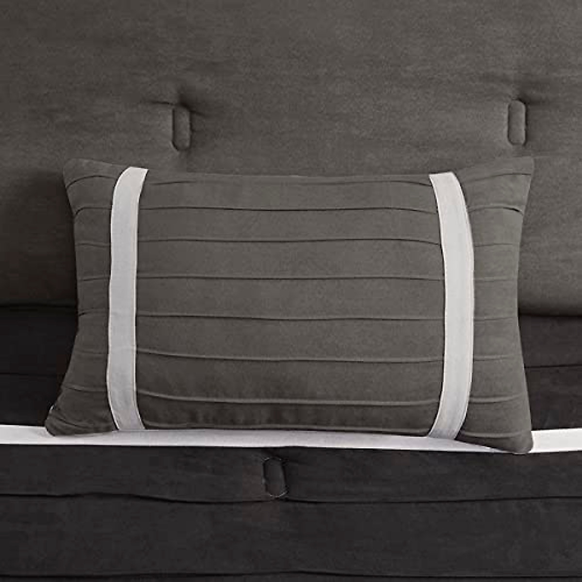 Madison Park Palmer Comforter Set - Faux Suede Design, Striped Accent, All Season Down Alternative Bedding, Matching Shams, Decorative Pillow, Bed Skirt, Queen (90 in x 90 in), Black 7 Piece