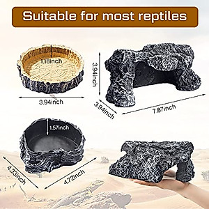 3 Pcs Large Reptile Water Dish Feeding Reptile Food Dish with Reptile Hides and Caves Tortoise Hideout Lizard Rock Hideout Tortoise Habitat Accessories for Geckos Spiders Snakes Hermits Turtles Crabs