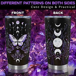 Gothic Butterfly Tumbler with Lid and Straw, Moon Phase Witch Cup Water Bottle Coffee Travel Mug Stainless Steel Vacuum Insulated 20 Oz Tumblers Black Purple, Goth Halloween Witchy Gifts for Women