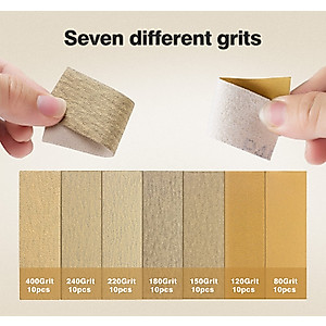 S SATC Micro Hand Sanding Block Kit 3.5”x1.1”x1.8”Hand Sanding Block and 70 PCS Sandpaper Sheets 10 Each 80/120/150/180/220/240/400 Grit Wood Woodworking, Small Detail Finishing Sander
