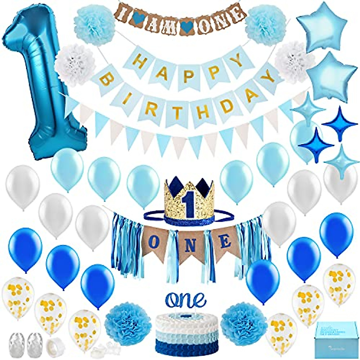 Baby Boy 1st Birthday Decorations With Birthday Crown - First Birthday Boy Decorations - Cake Smash Party Supplies - Happy Birthday and HighChair One Burlap Banner, Number One Balloon, Cake Topper.