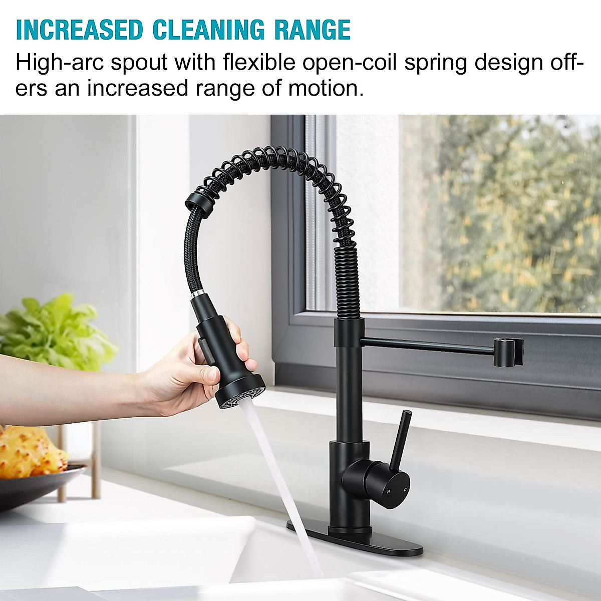 DJS Kitchen Faucets with Pull Down Sprayer Matte Black -【Dual Mode Setting】Single Handle 1 or 3 Holes Commercial Spring Kitchen Sink Faucet with Deck Plate for Farmhouse RV Vessel Basin