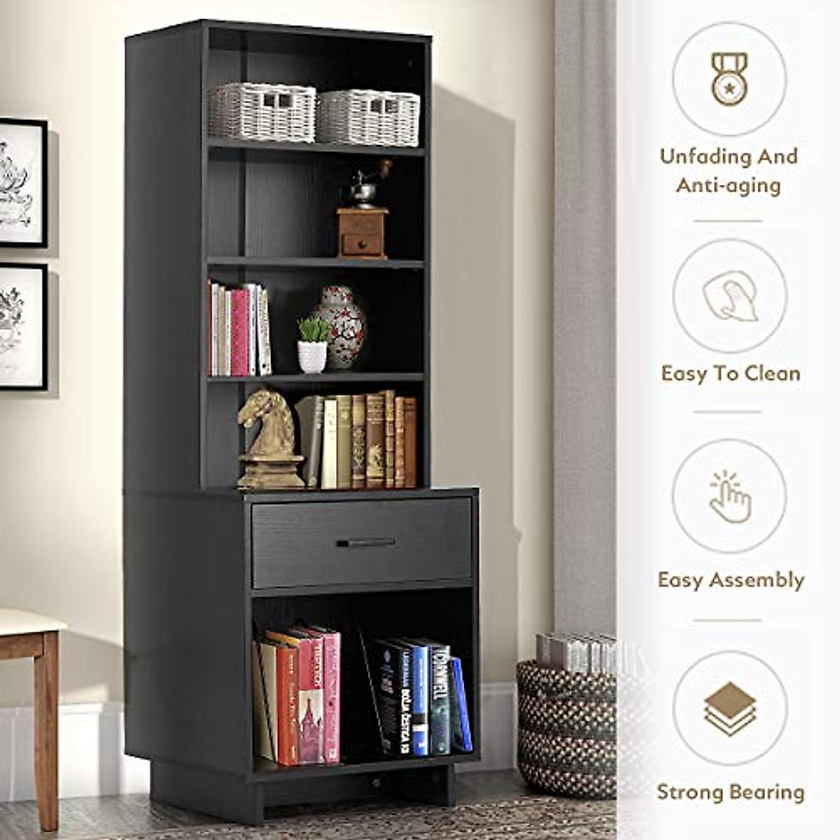 MELLCOM Wooden Bookcase Storage Cabinet Bookshelf with 3 Shelves and 1 Drawer, Modern Standing Shelf, Side Corner Storage Cabinet Decor Furniture for Home Office (Black)