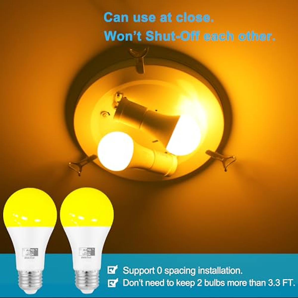 Qualilux Dusk to Dawn Bug Light Bulbs Outdoor, 1900K Amber Yellow, 800 Lumen, LED 12W, A19 E26, 2-Pack, HQ-H019