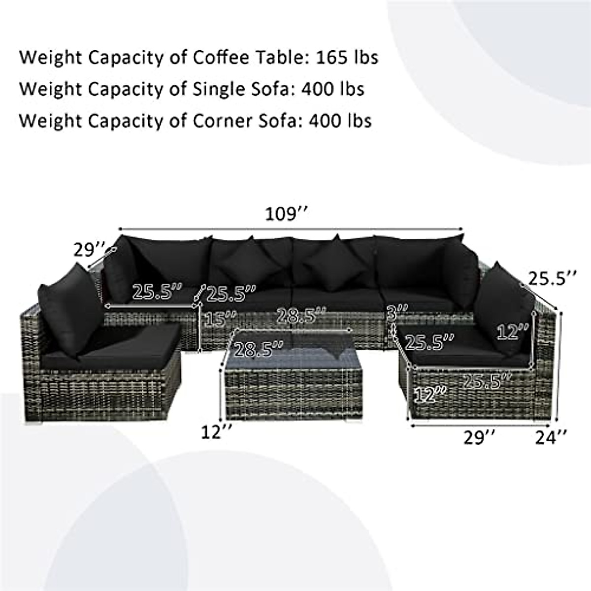 LUKEO 7PCS Patio Rattan Furniture Set Sectional Sofa Garden Black Cushion Corner Sofas and Single Sofas