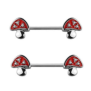 Body Accentz 14g paved mushrooms Nipple Ring Nipple Bar 1.6mm Nipple Piercing Barbell (Silvertone)