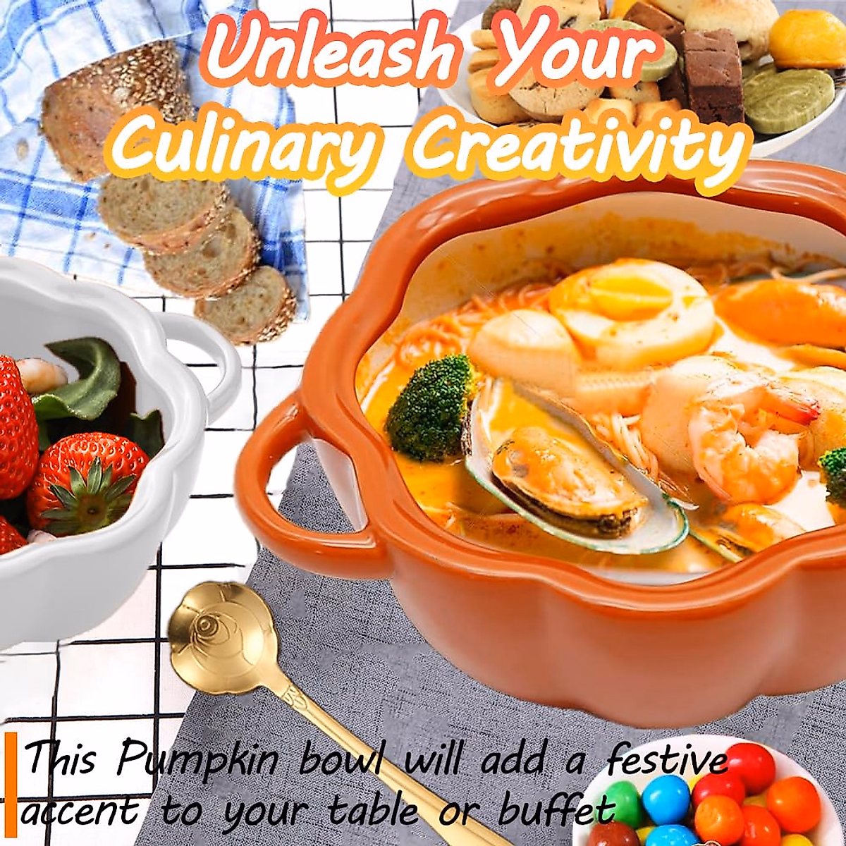 Fall Pumpkin Ceramic Bowl with Lid, 15 oz Microwave & Dishwasher Safe Pumpkin Soup Bowl with Handle, Pumpkin Decor Storage Jar for Home Thanksgiving Halloween Party, Pumpkin Dish,Halloween (Orange)