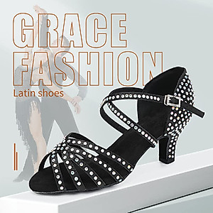 DKZSYIM Women's Satin Latin Dance Shoes Rhinestone Ballroom Salsa Performance Practice Dancing Shoes,AFCT40403-Black-6,US 6