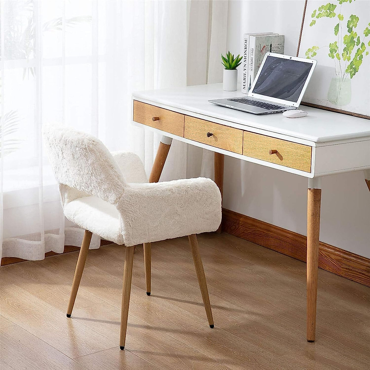 Modern Faux Fur Home Office Chair, Fluffy Chair Makeup Vanity Chair for Girl Teen Girls, Desk Chair with Armrest, Dining Chair Cute Armchair with Wood Finish Metal Legs, White