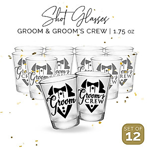 Groom and Groom's Crew Bachelor Party Shot Glass Set, 1 Groom and 11 Groomsman Shot Glasses Bachelor Party Decorations and Groomsmen Gifts, Team Groom Proposal, Bachelor Party Favors For Men -1.75oz