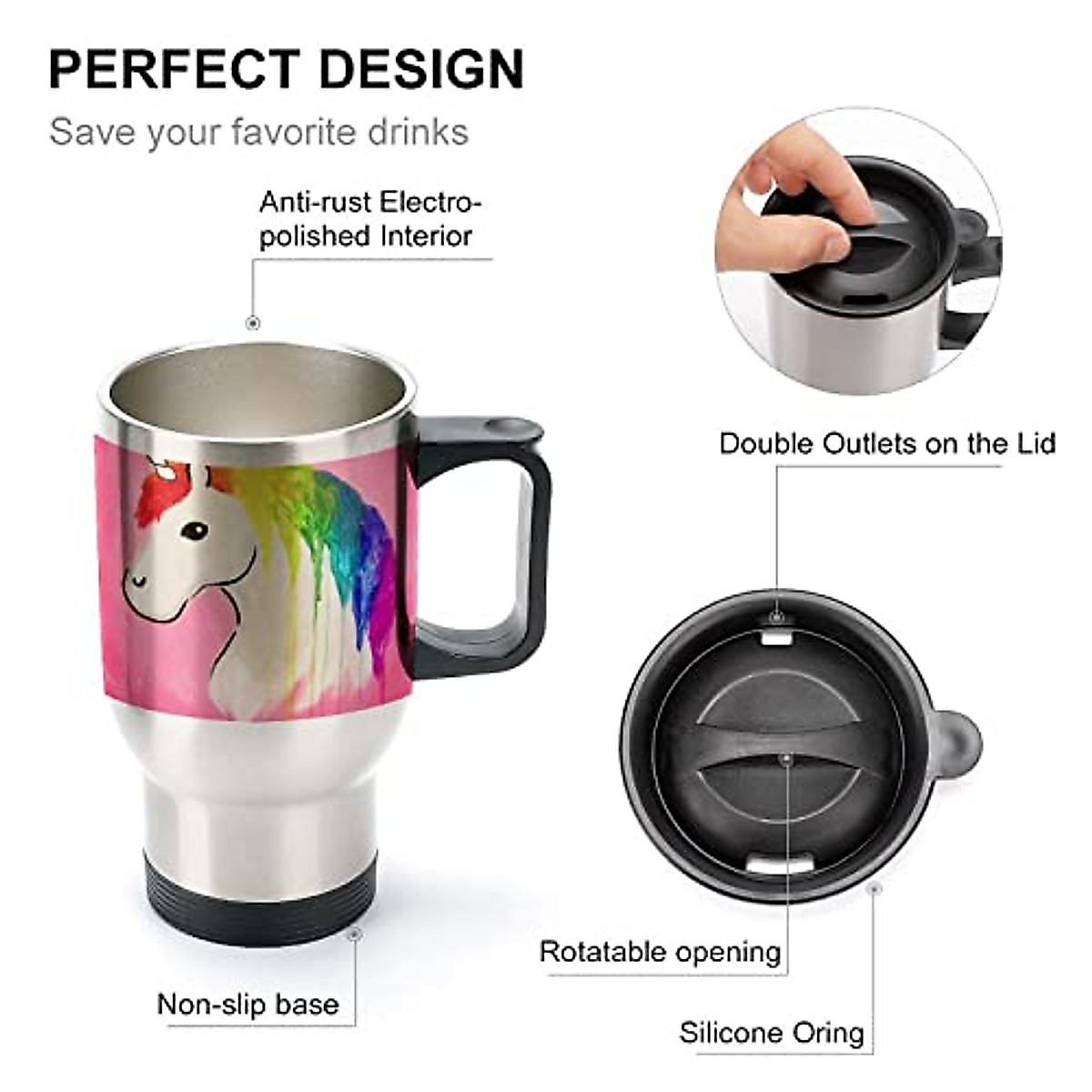 Rainbow Unicorn 14 Oz Travel Coffee Mug Stainless Steel Vacuum Insulated Cup with Lid