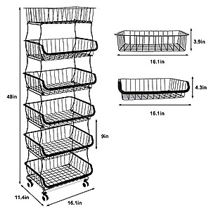 6 Tier Fruit Vegetable Storage Basket, Stackable Metal Wire Basket with Wheels, Fruit and Vegatable Storage Cart, Potato and Onion Storage Bin for Kitchen, Bathroom, Bedroom