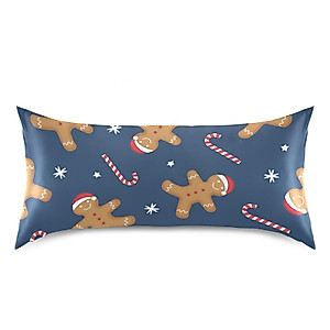 Christmas Gingerbread Man Blue Pillow Covers Silk Pillowcase for Hair and Skin Breathable & Silky Soft Satin Pillowcase Standard Size Pillow Case for Women Hot Sleepers, Night Sweats Bed (20x26 Inch)