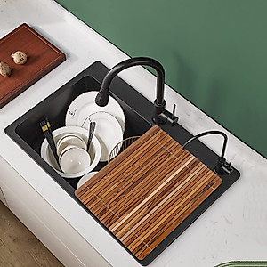 HTB Over Sink Dish Drying Rack 17.8'' x 16.1, Kitchen Teak Wood Roll Up Dish Drying Rack for Dishes,Plates, Bowls, Wooden Sink Cover for Counter Space