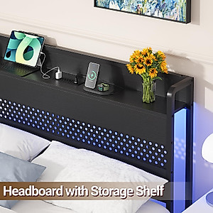 Aheaplus Headboard for Full Size Bed with USB Ports, Outlets and LED Lights, Full Headboard with Storage Shelf, Sturdy Metal Frame, Height Adjustable, Bed Frame Mount, Black