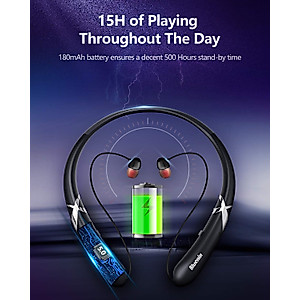 Bluenin Bluetooth Headphones, Bluetooth Neckband Wireless Headphones Bluetooth 5.0 Retractable Earbuds Stereo Headset CVC 8.0 Noise Cancelling Call Vibrate Alert Earphones with Mic (Black)