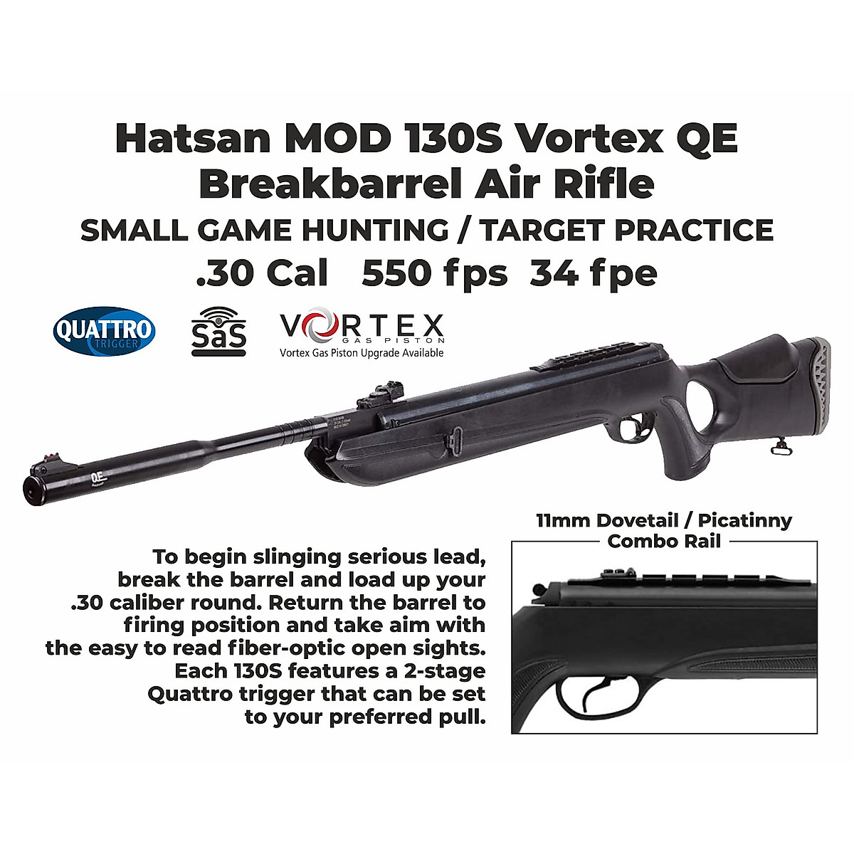 Hatsan Mod 130S Carnivore .30 Cal 600 FPS / 34 FPE - Big bore Break Barrel Air Rifle .30 Caliber w/Vortex Piston & QuietEnergy (QE)| Medium Game air Gun + Wearable4U Pack of 100x Pellets Bundle