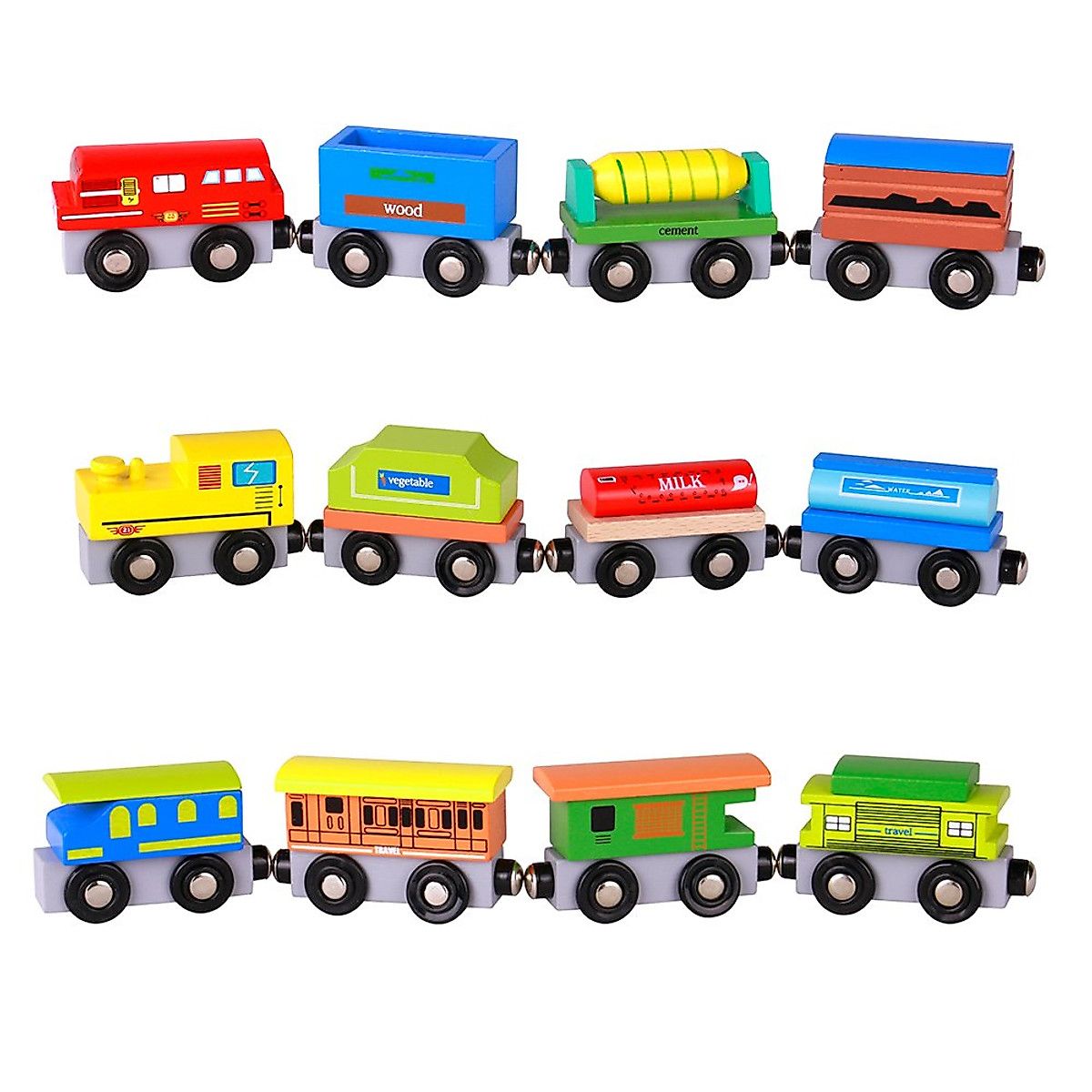 Wooden Train Cars - 12 Pack - A Kids Favorite Toy Train Set
