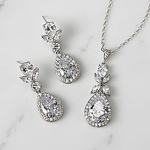 SWEETV Wedding Jewelry for Bride, Silver Teardrop Cubic Zirconia Necklace Earrings Set, Bridal Jewerly Set for Wedding Porm
