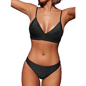 CUPSHE Women's Bikini Triangle Sexy Solid Two Piece Bathing Suit Black, L