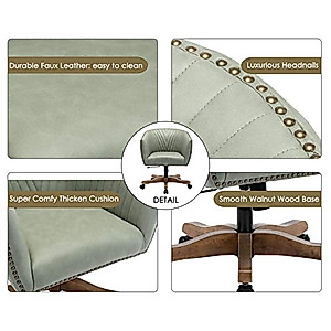 Guyou Barrel Home Office Desk Chair with Wood Base, Upholstered Ergonomic Accent Arm Chair with Luxurious Nailheads and Pleated Mid-Back for Home Studio Bedroom Vanity, Green in Faux Leather