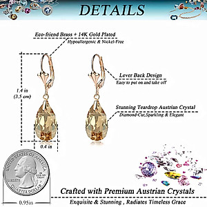 Austrian Crystal Teardrop Leverback Dangle Earrings for Women Fashion 14K Gold Plated Hypoallergenic Jewelry (Topaz)