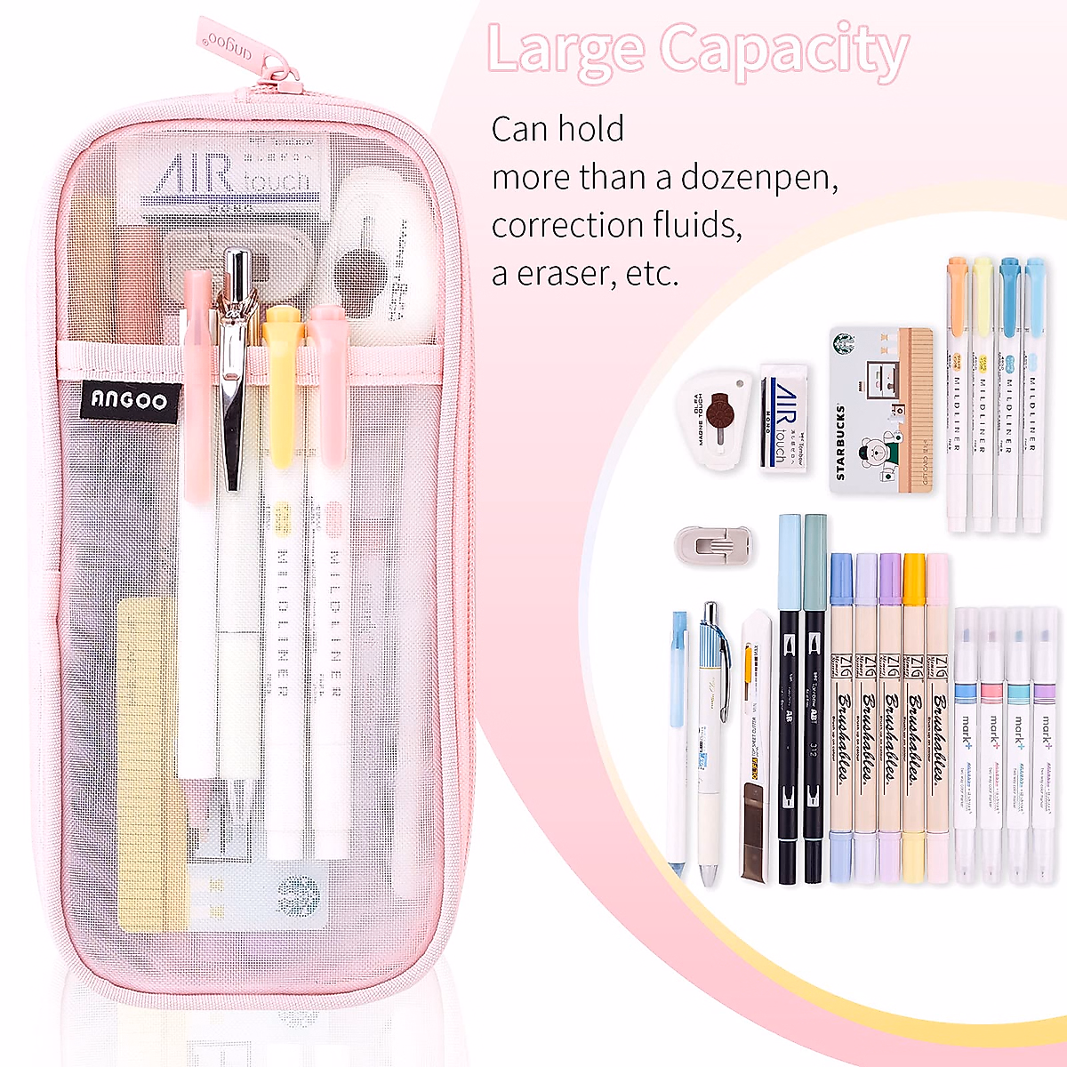 EASTHILL Grid Mesh Pen Pencil Case with Zipper Clear Makeup Color Pouch Cosmetics Bag Multi-Purpose Travel School Teen Girls and Boys Transparent Stationary Bag Office Organizer Box for Adluts(Pink)