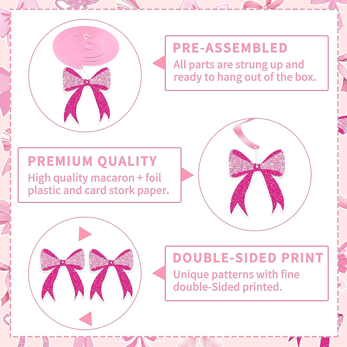 48 Pieces Coquette Birthday Hanging Swirls Party Decorations, Pink Bow Themed Spiral Ceiling Streamers for Coquette Party Birthday Baby Shower Bridal Shower Bachelorette Party Supplies