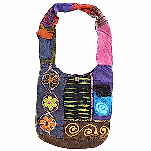 Bohemian Hippie Crossbody Shoulder Bag Sling Cotton Handmade Variety Patterns (2078 - Flower)