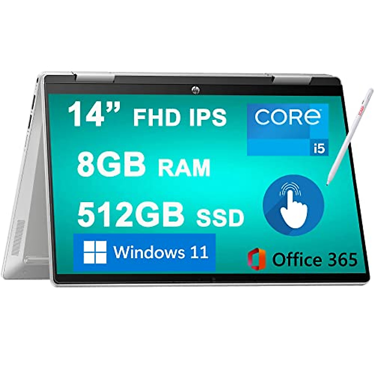 HP Pavilion X360 14 2-in-1 Laptop 14” FHD IPS Touchscreen 12th Generation Intel 10-Core i5-1235U 8GB RAM 512GB SSD Intel Iris Xe Graphic Fingerprint Backlit USB-C HDMI Office365 Win11 Silver + Pen
