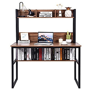 Tangkula Computer Desk with Hutch, Home Office Desk Study Writing Desk with Storage Bookshelves, Space Saving Computer Workstation for Home Office (Light Walnut)