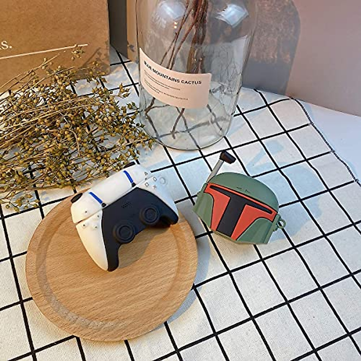 2Pack Airpods Pro Case, Soft Silicone Cute Funny Fun Star War Boba Fett Cartoon Character Cover with Keychain, AirPod Pro Skin Set for Kids Teens Boys Girls(PS5 Game Controller+Mandalorian Helmet)