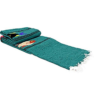Open Road Goods Thick Mexican Yoga Blanket Turquoise/Sea Green - Serape Fish Design - Handmade/Handwoven Genuine Mexican Style Blanket